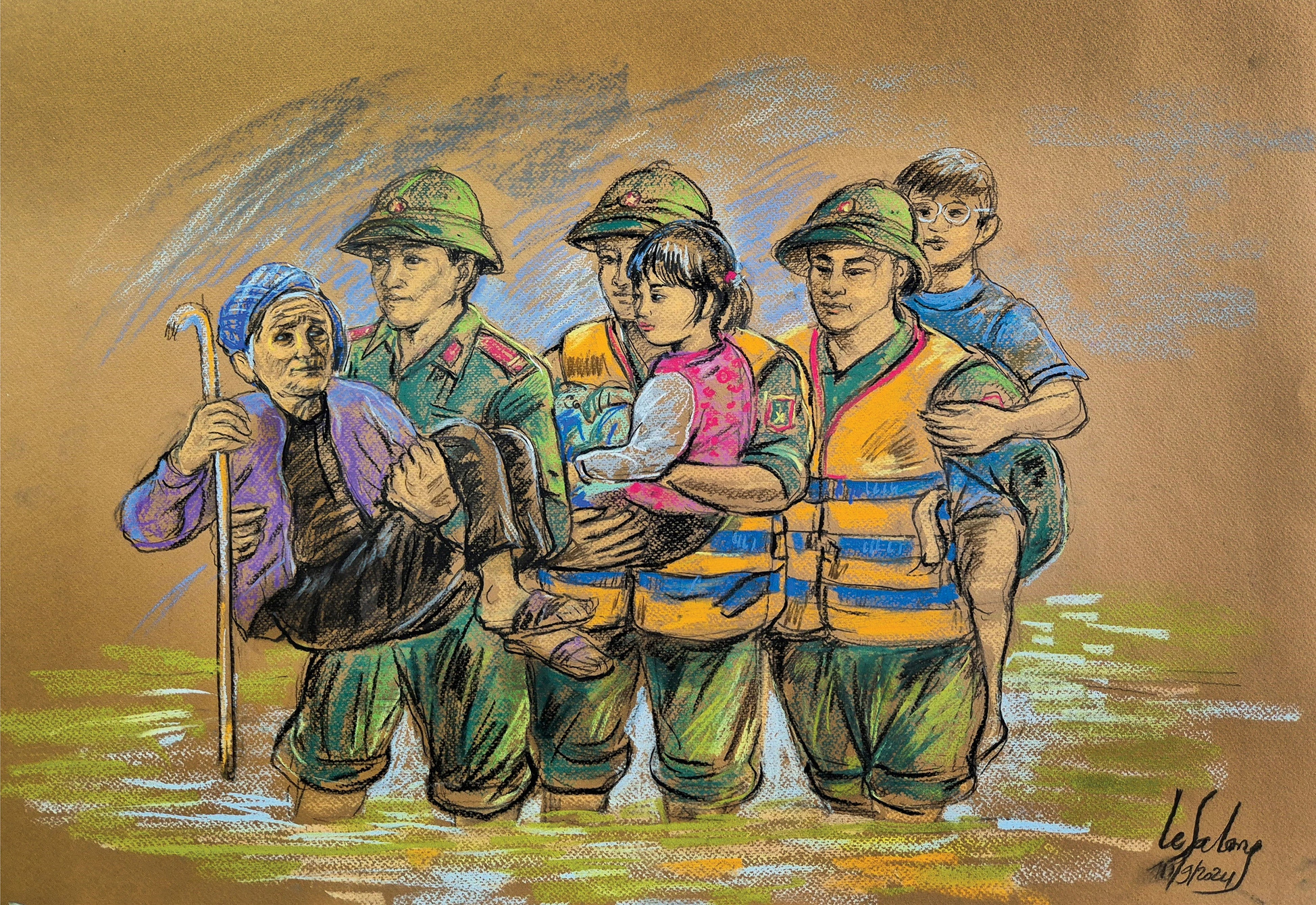 Ấm áp tình người trong bão lũ qua tranh của Lê Sa Long - Tuổi Trẻ Online