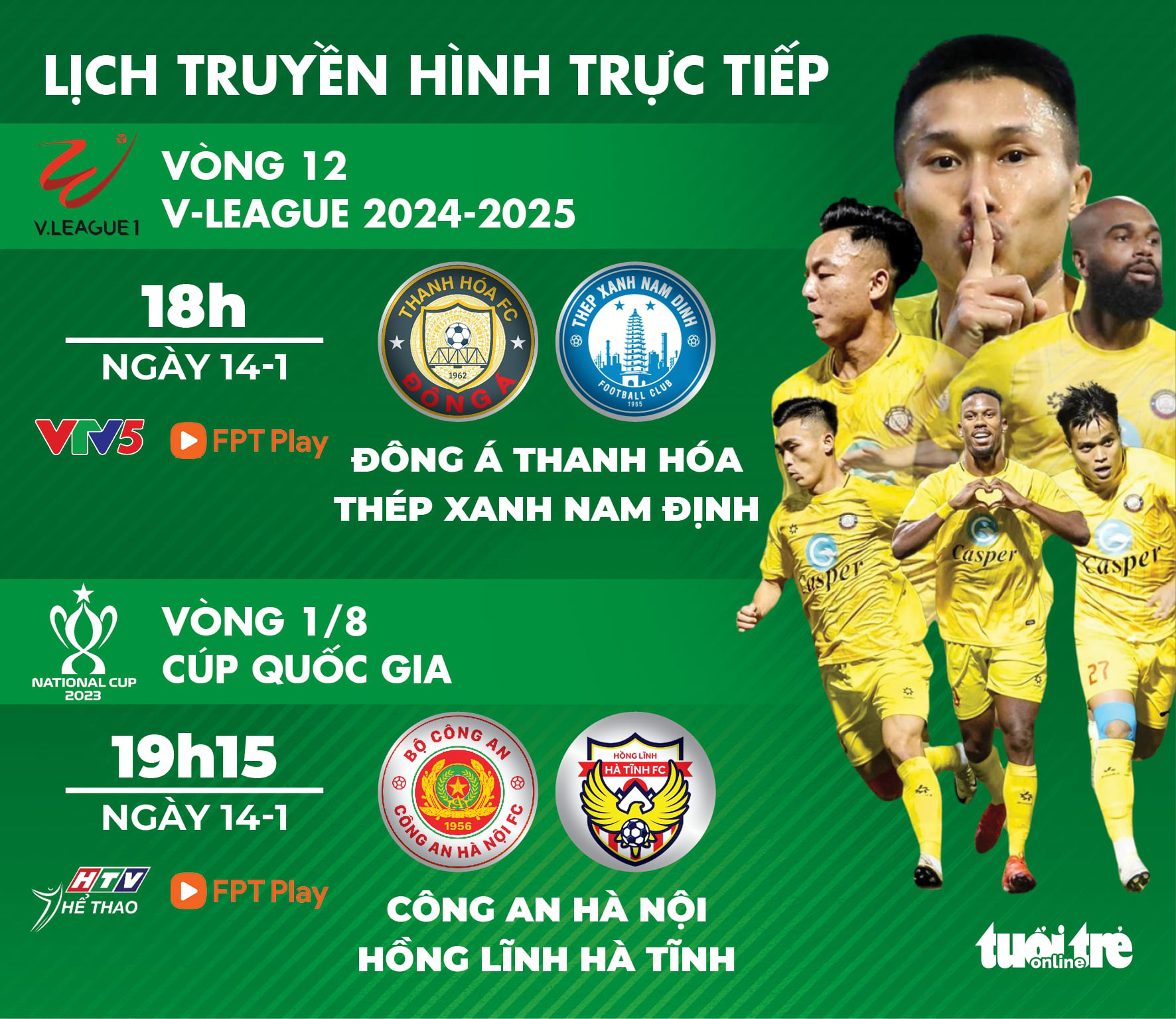 Lịch thi đấu V-League và Cúp Quốc gia 2024-2025 ngày 14-1 - Tuổi Trẻ Online