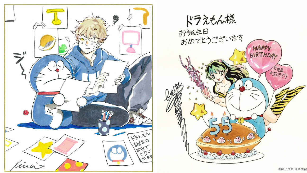 The author of Conan draws a picture to celebrate Doraemon's 55th birthday.