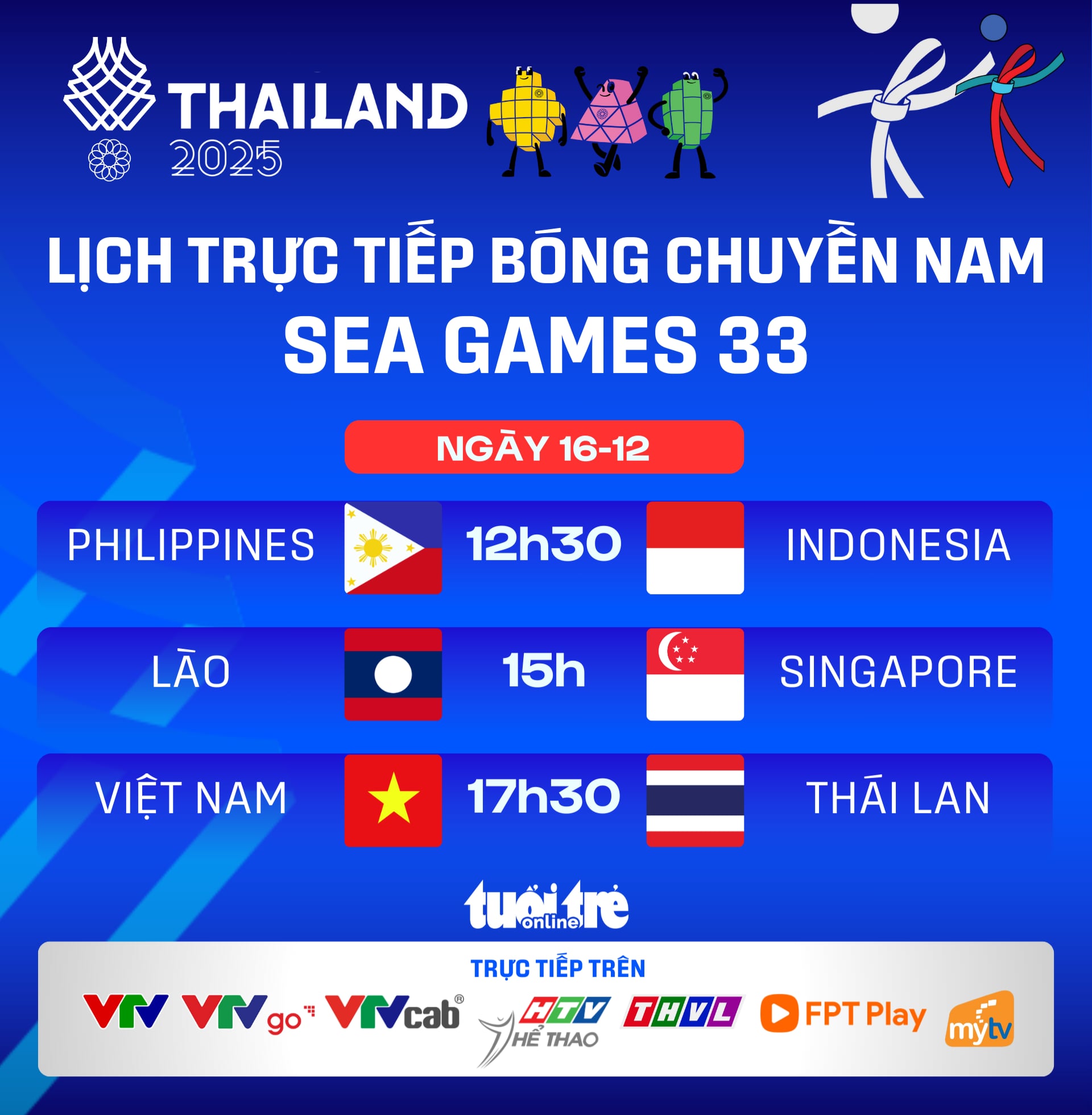 Lịch trực tiếp bóng chuyền nam SEA Games 33: Việt Nam đại chiến Thái ...