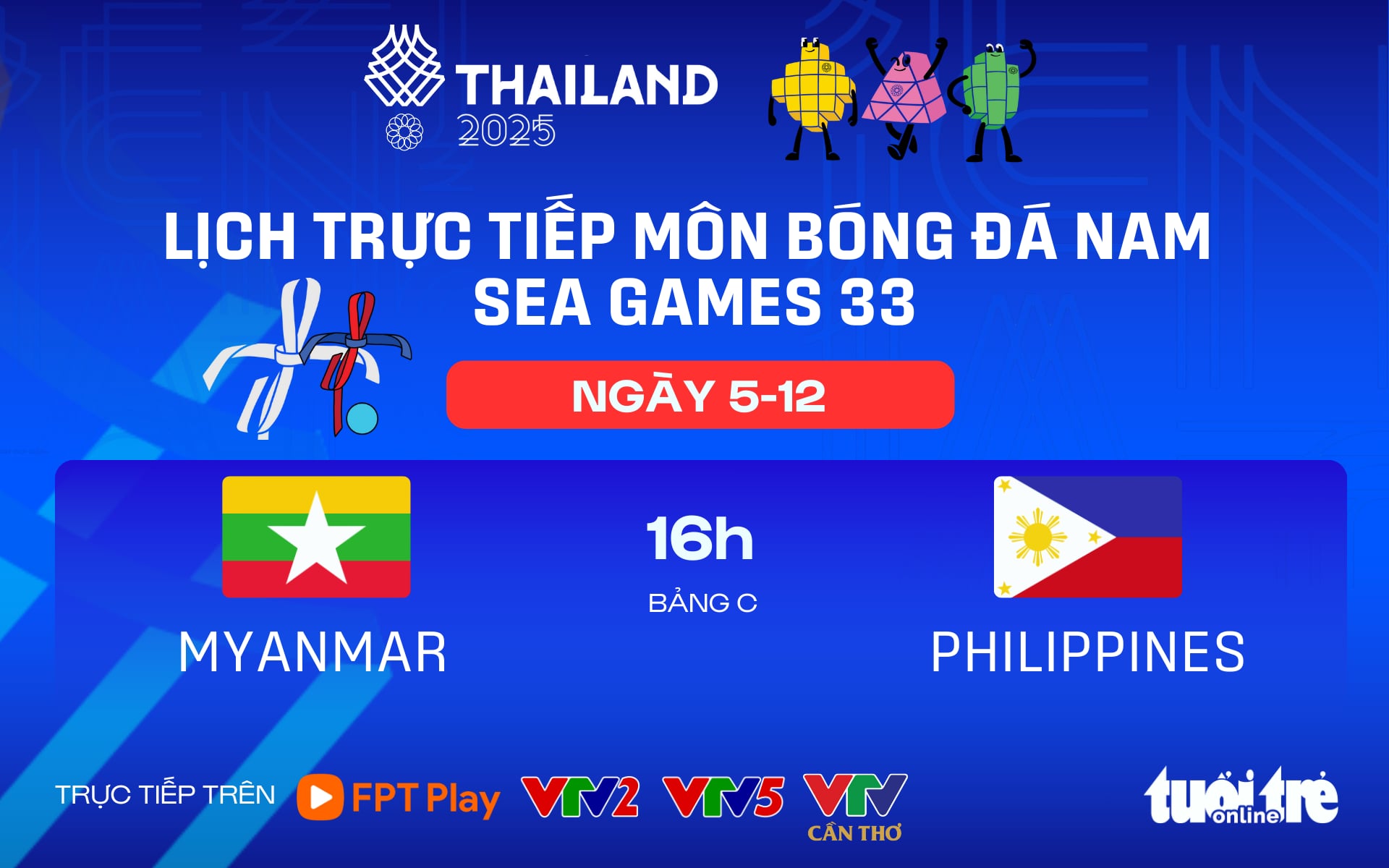 Lịch trực tiếp bóng đá nam SEA Games 33: U22 Myanmar đấu Philippines ...