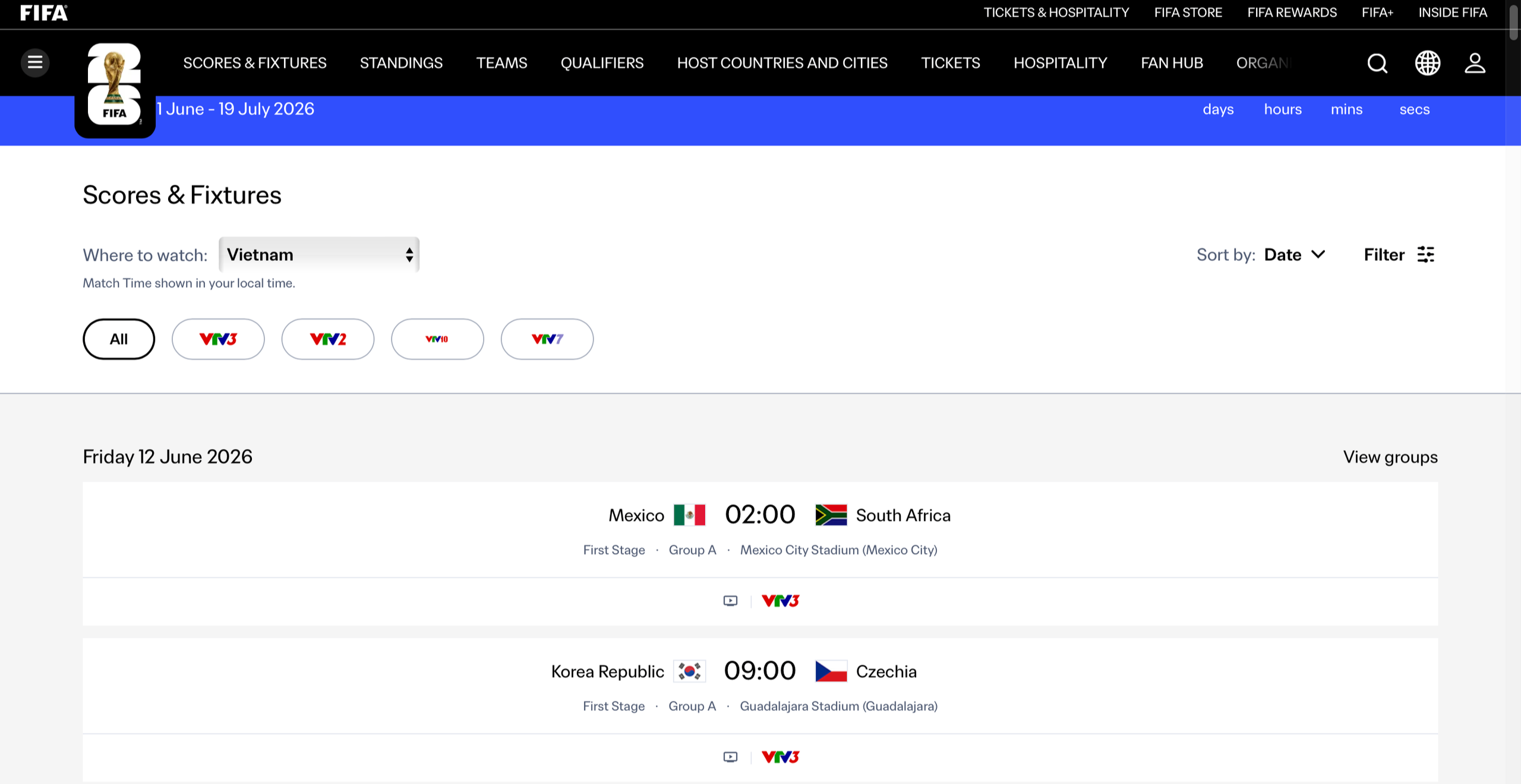 FIFA cập nhật VTV phát sóng các trận đấu World Cup 2026