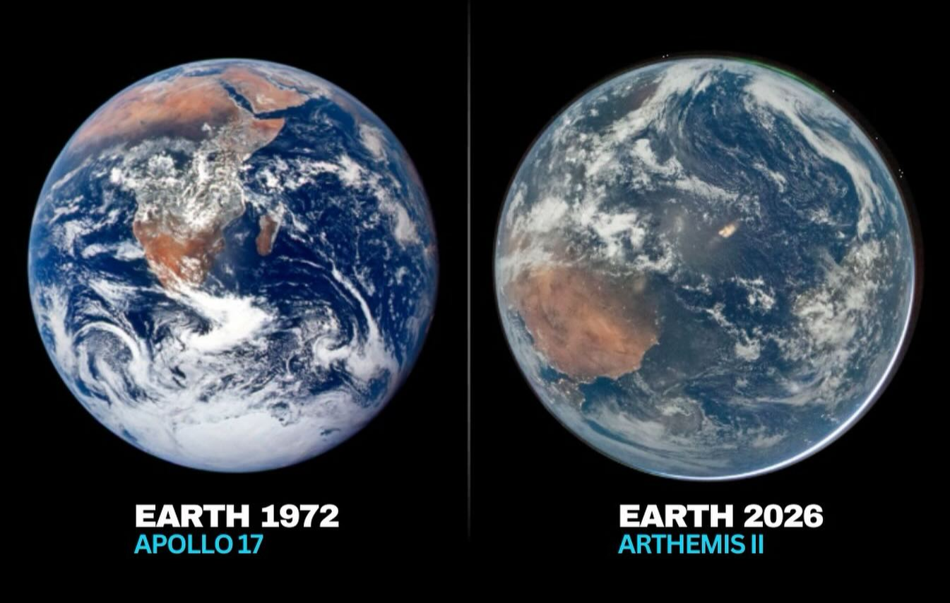 Why is the 2026 image of Earth 'pale' compared to the 1972 image?
