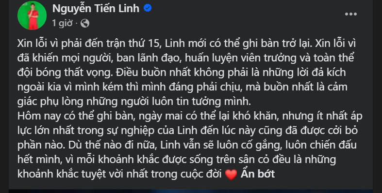 Tien Linh apologized, and coach Phung Thanh Phuong understood.