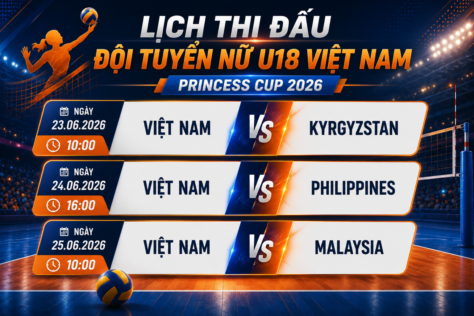 Lịch thi đấu Princess Cup 2026 của bóng chuyền nữ U18 Việt Nam