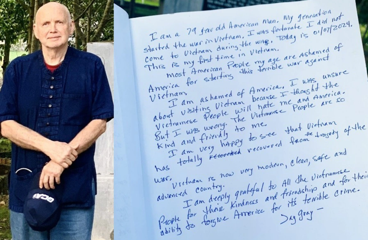 American man shows gratitude to Vietnamese via guestbook at historical site